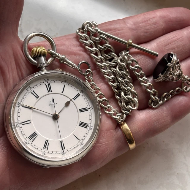 STERLING SILVER CENTRE Seconds Chrono Pocket Watch 163g, chain, T-bar ...