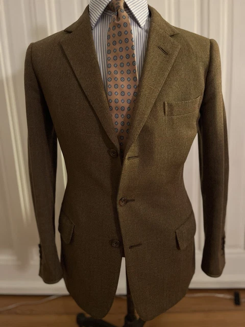 VINTAGE BESPOKE HENRY Poole Savile Row Tweed Jacket Brown Herringbone ...