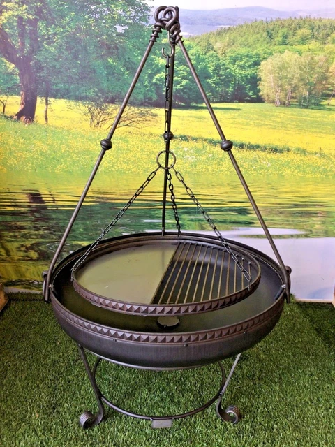 FIRE PIT BRAZIER Kadai Logburner Wrought Iron XXL 110cm Pyramid Band ...