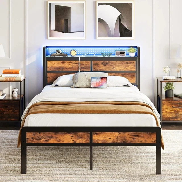 IRONCK SMALL DOUBLEBED Frame with Storage Headboard & LED Lights ALL IN ...