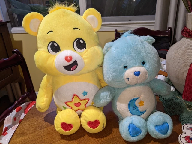 2X BIG CARE BEARS Vintage Blue BEDTIME +Yellow SUPERSTAR Plush SOFT ...