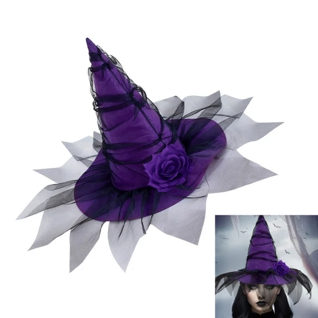 HALLOWEEN PARTY PURPLE Witch Hats Black Veil Tulle Pointed Hat ...