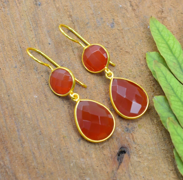 925 Solid Sterling Silver 24ct Gold Overlay Carnelian Hook Earring 1 6