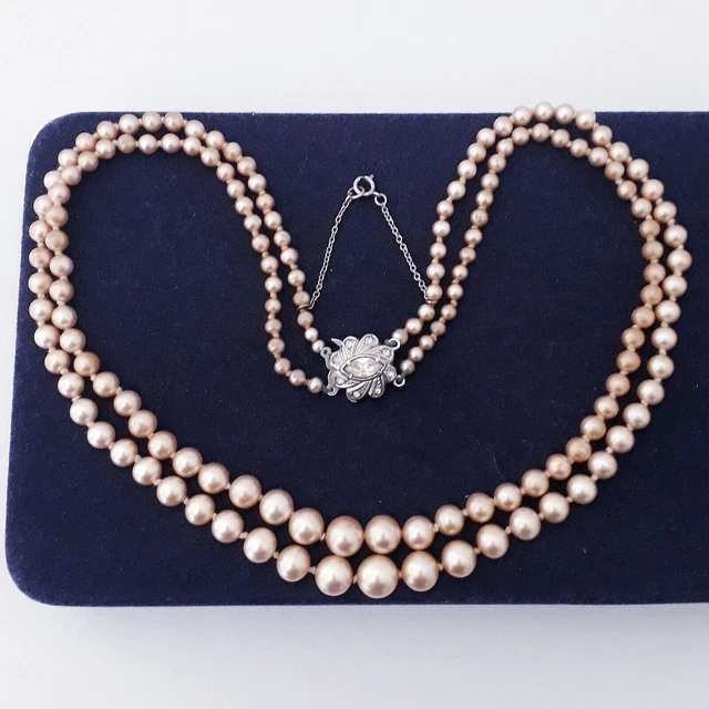 VINTAGE SIGNED SILVER Lotus Double Row Graduated Iridescent Glass Pearl ...