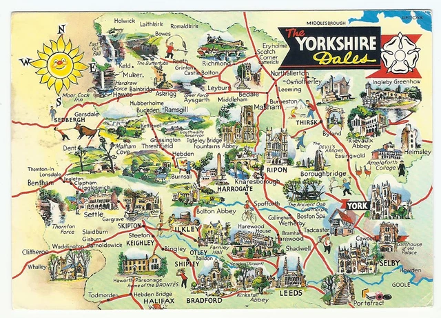 THE YORKSHIRE DALES, Vintage PC, Illustrated Map of County Park, 1974 £ ...
