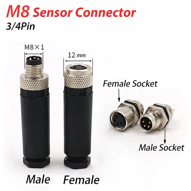 M8 SENSOR CONNECTOR 3/4 Pin Male/Female/Socket Straight Angle Plug ...