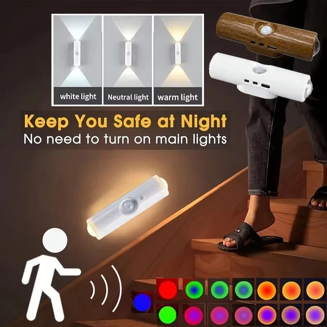 RGB MOTION SENSOR LED Wall Light Rechargeable Magnetic Night Lamp ...