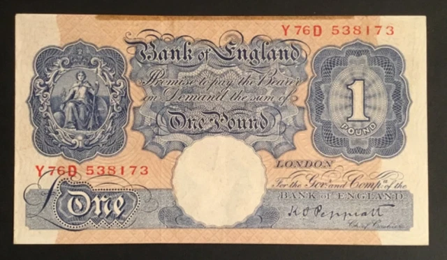 BANKNOTE OF ENGLAND One Pound Blue And Pink KO. Peppiatt. Y76D ...