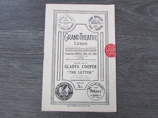 GLADYS COOPER IN the Letter 1928 Original Leeds Grand Theatre Programme ...