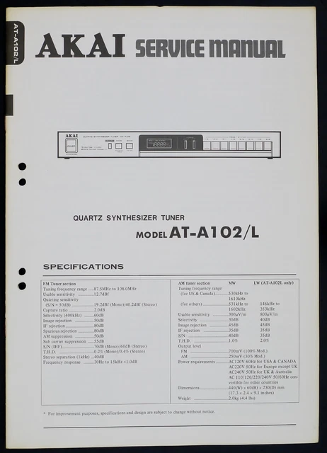 ORIGINAL AKAI AT-A102/L Stereo Tuner Service Manual/Diagram/Parts List ...
