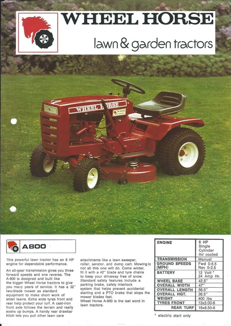 LAWN TRACTOR DATA Sheet - Wheel Horse - A800 - Brochure (LG146) $15.95 ...
