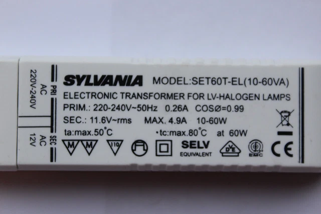 SYLVANIA SET60T-EL HALOGEN LV SELV Transformer 10-60w SELV 10-60vA for ...