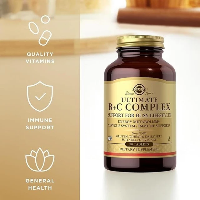 SOLGAR ULTIMATE B plus C Complex Tablets - Pack of 90 - B1, B2, B3, B4 ...