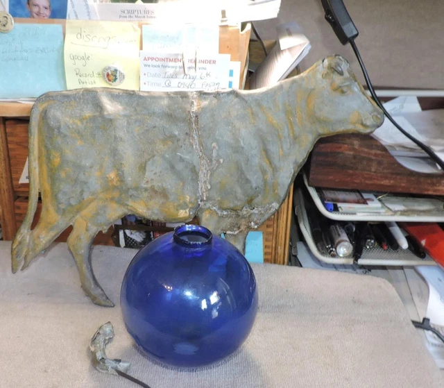 ANTIQUE 1890'S ZINC Cow Cobalt Blue Lightning Rod Ball Weather Vane ...