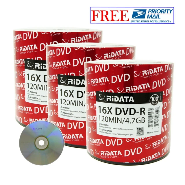 300 PACK RIDATA DVD-R 16X 4.7GB 120 Min Silver Logo Top Blank ...