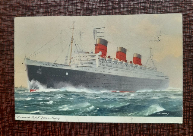 RMS QUEEN MARY Cunard White Star Line steamship 1950s postcard. Artist ...