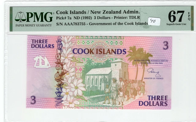 COOK ISLANDS 1992 $3 Dollars PMG Certified Banknote UNC 67 EPQ Pick 7a ...