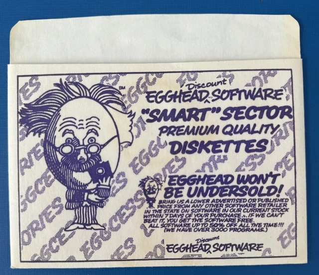 VINTAGE EGGHEAD SOFTWARE 5 Inch Floppy Paper Jacket ONLY Rare $4.95 ...
