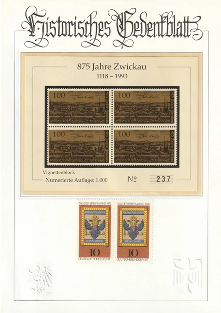 HISTORISCHES GEDENKBLATT &875 Jahre Zwickau" mit numerierten Vignettenblock 237 EUR 2,99 ...