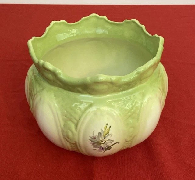 VINTAGE HAND PAINTED Ceramic Green Planter Pot Vase w Glossy Floral ...