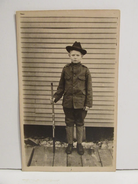 VINTAGE 1910S 'WW1 Wwi Soldier Boy Rifle B&W Studio Photo Postcard Post ...