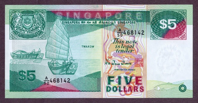SINGAPUR 5 DOLLARS Banknote 1989 Zustand I UNC FDS S/N A50/468142 P. 19 ...