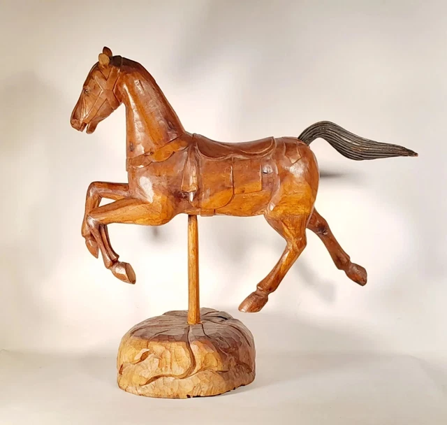 ANCIEN GRAND Cheval sculpture de manège bois sculpté jeu jouet 100 cm ...