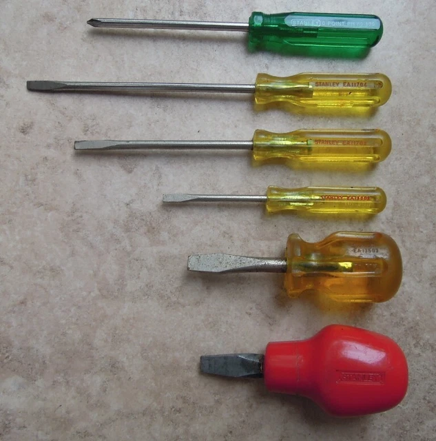 VINTAGE SMALL STANLEY screwdrivers - 2x Stubby 1x philips 3x flat head ...