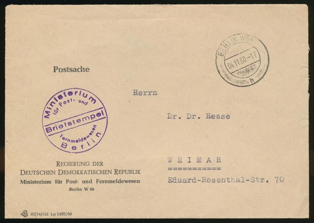 DDR BELEG POSTSACHE Ministerium für Post und Fernmeldewesen BERLIN 1960 ...