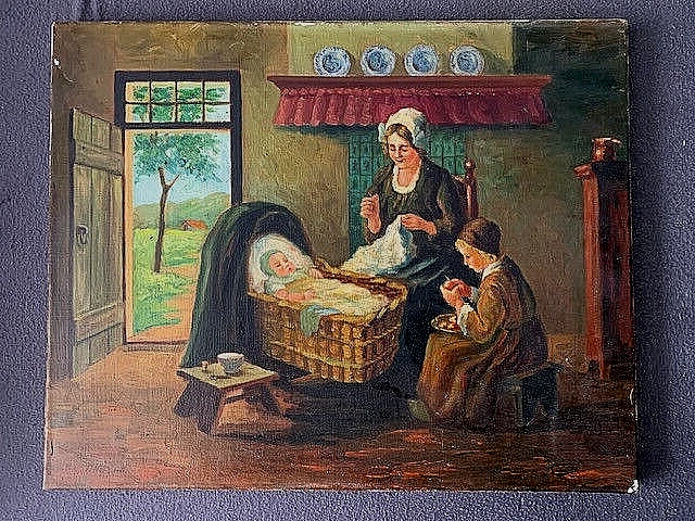 ÖLGEMÄLDE BIEDERMEIER MUTTER mit Kindern Familienidyll 51 x 39 cm ...