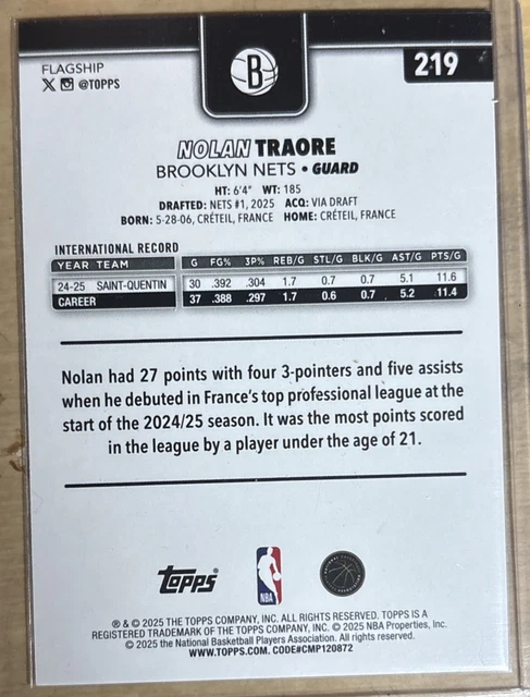2025-26 TOPPS BASKETBALL Nolan Traore #219 RC Rookie Rainbow Foil ...