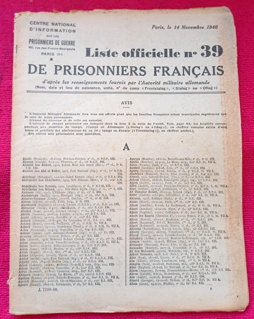 WW2 LISTE OFFICIELLE PRISONNIERS FRANCAIS N°39 14/11/40 Noms et lieux ...