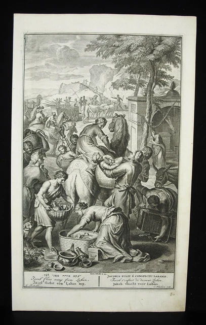 ANTIQUE BIBLICAL ETCHING Escape of Jacob Before Laban Engraving 1728 G ...