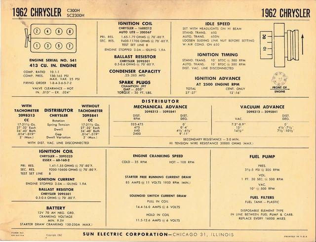 1962 CHRYSLER V8 C300H SC2300H 413 ci Engine CAR SUN ELECTRIC SPEC ...