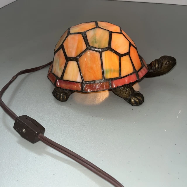 VINTAGE STAINED GLASS Tiffany Style Bronze Turtle Table Lamp Night ...