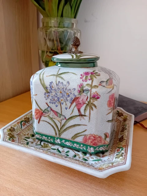 BACOVA LIDDED GINGER Jar with Underplate Hua Rong Tang Zhi Hand Painted ...