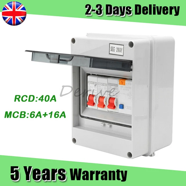 2 WAY MINI Consumer Unit Garage Caravan Shed Boat 40A 30Ma RCD 2 MCBS ...