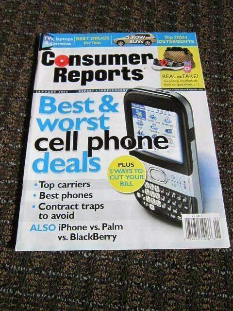 CONSUMER REPORTS MAGAZINE January 2008 Best/Worst Cell phones, 3 row ...