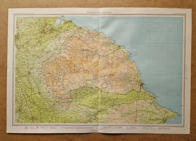 BARTHOLOMEW REVISED HALF-INCH Large Scale Map of the Yorkshire Moors (c ...