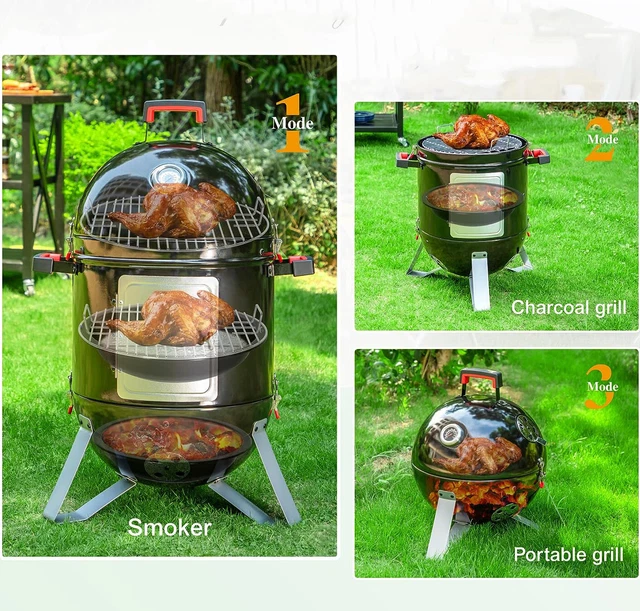 18& CHARCOAL SMOKER BBQ Grill 3IN1 Outdoor Vertical Smoke Portable Meat ...