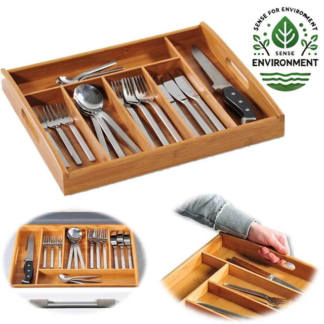 SCHUBLADEN-EINSATZ BAMBUS HOLZ mit Griff 6 Fächer Besteckkasten Besteck-Tablett EUR 12,95 ...