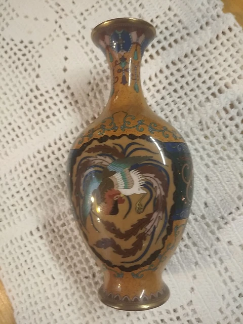 ANCIEN VASE BRONZE Emaux Cloisonne Dragon Oiseaux Chine Antique Chinese ...