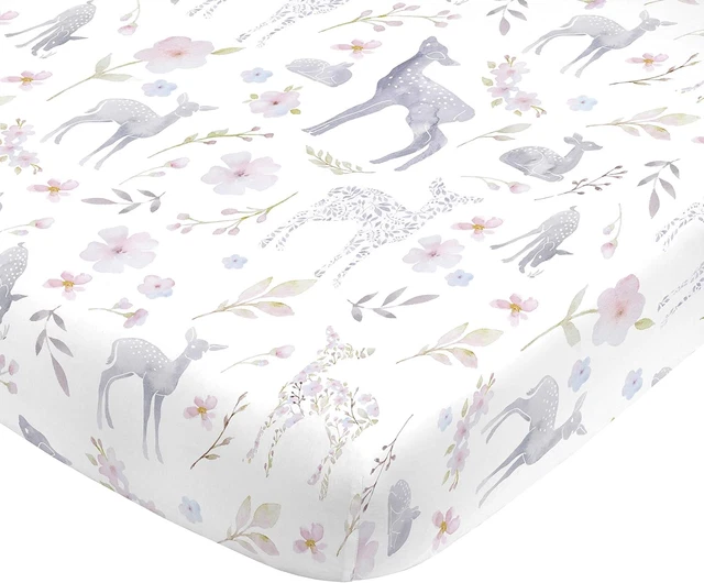SUPER SOFT FLORAL Deer Nursery Mini Crib Fitted Sheet, Grey, Light Blue ...