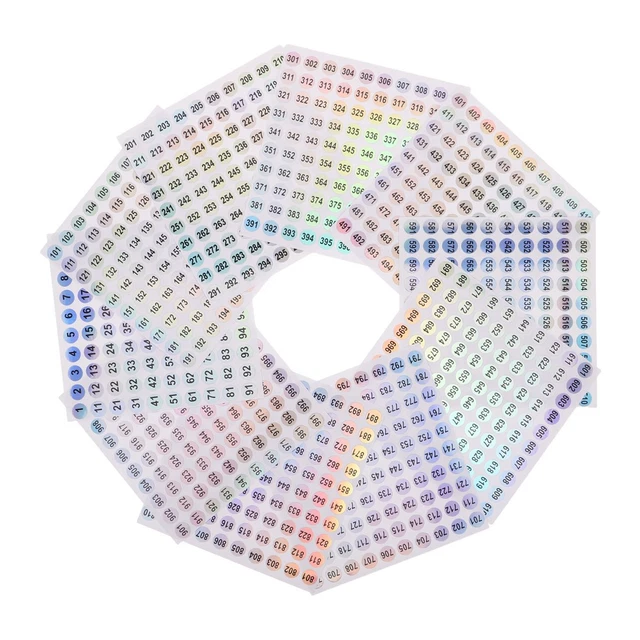 20 SHEETS CONSECUTIVE Number Stickers: 1-1000 Colored Labels - Self ...