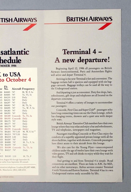 BRITISH AIRWAYS AIRLINE Timetable Transatlantic Schedule Summer 1986 ...
