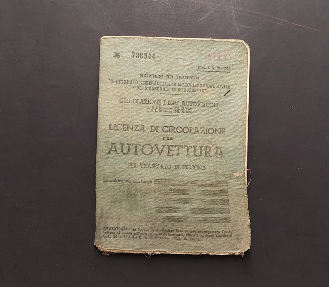 LIBRETTO AUTO FIAT 1400 + Foglio Complementare Carta Di Circolazione ...