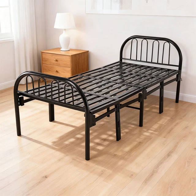 STRONG STEEL FOLDING Bed Frame Guest Student Single Platform Headboard ...