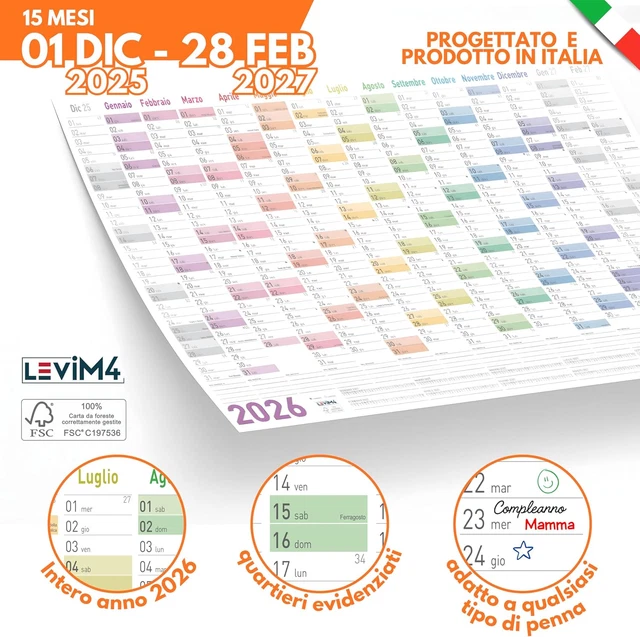 CALENDARIO 2026 DA Parete A1 XXL in Italiano 88X62 Cm Multicolor 15 ...