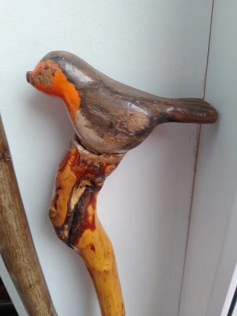 VINTAGE RUSTIC FOLK Art Walking Stick With Carved Robin Detail £83.92 ...