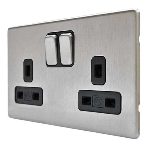 MK 13A 2 Gang DP Switched Socket Dual Earth Brushed Stainless Black ...